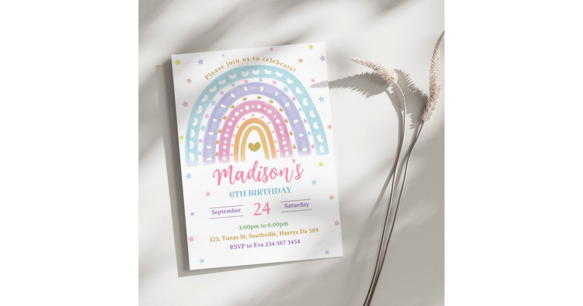Pastel Watercolor Rainbow Birthday Invitation | Zazzle