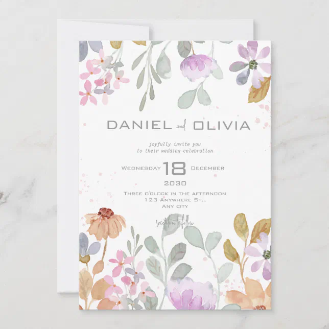 Pastel Watercolor Rustic Flower Wedding Invitation | Zazzle