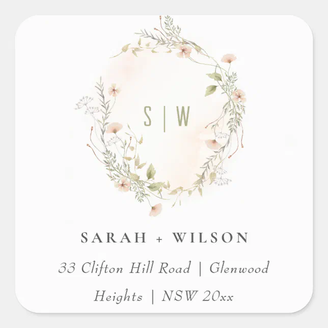 Pastel Wildflower Floral Monogram Wreath Address Square Sticker | Zazzle