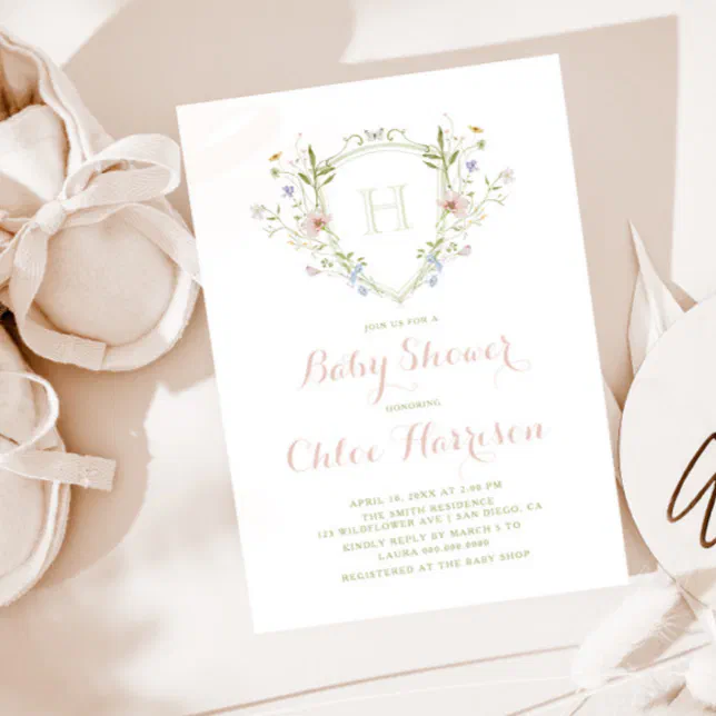 Pastel Wildflower Monogram Crest Baby Shower Invitation | Zazzle