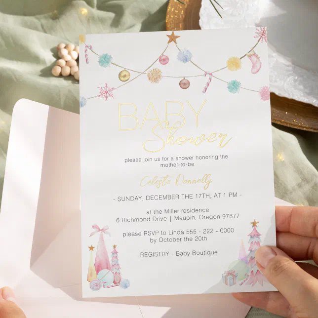 Pastel Winter Wonderland Baby Shower Foil Invitation | Zazzle