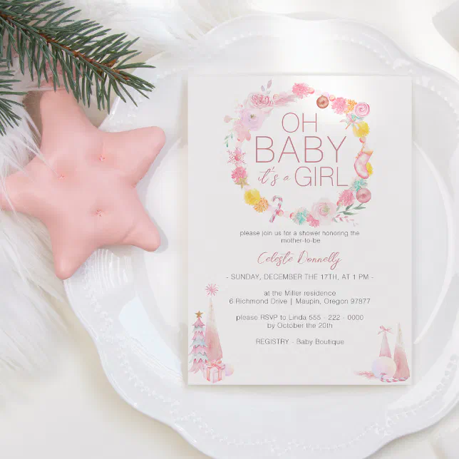 Pastel Winter Wonderland Oh Baby Girl Shower Invitation | Zazzle