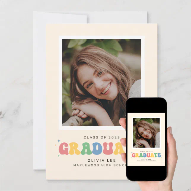 Pastels Groovy Retro Photo Graduation Announcement | Zazzle