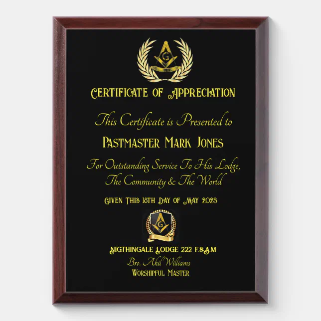 Pastmaster Certificate of appreciation Award Plaque | Zazzle