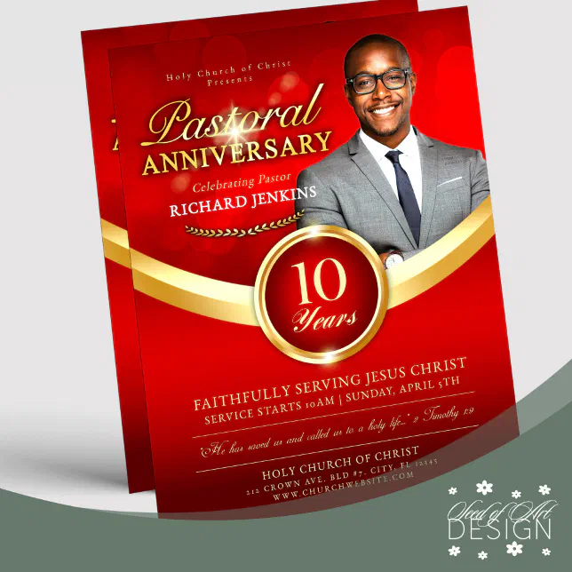 Pastoral Anniversary Red & Gold Church Event Flyer | Zazzle