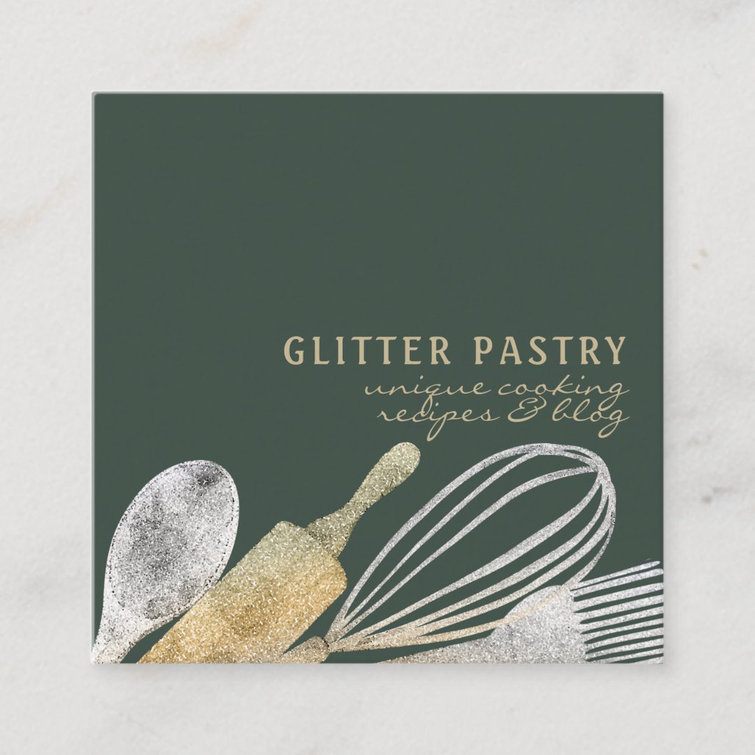 Pastry bakery cook lux sage green gold square business card | Zazzle