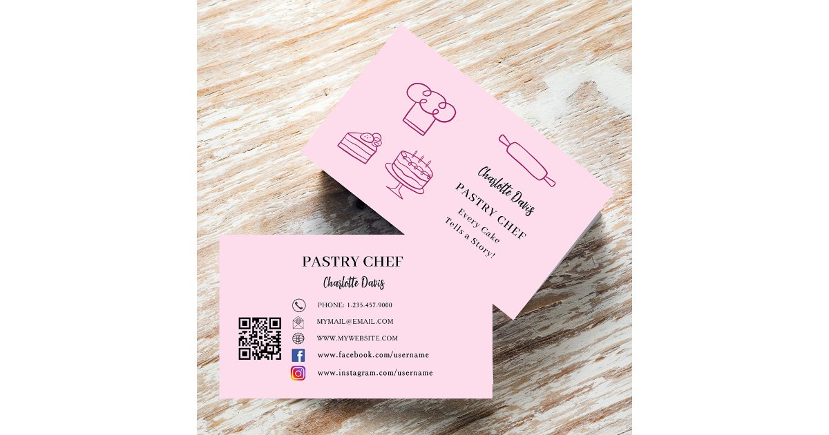 Pastry chef kitchen utensils slogan QR code pink Business Card | Zazzle