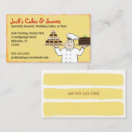 Pastry Chef with Cake and Cupcakes Fun Bakery Business Card | Zazzle