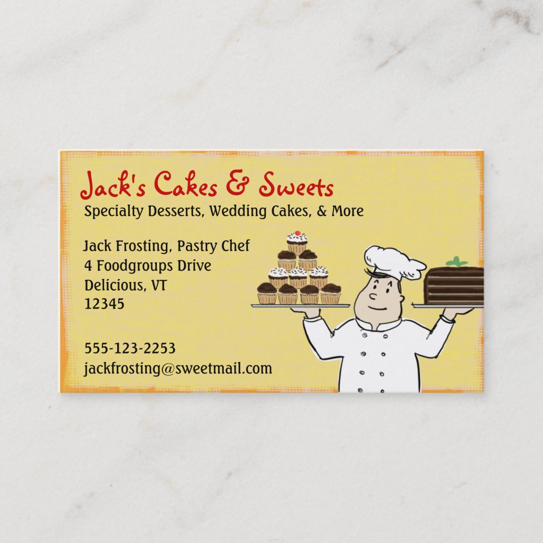 Pastry Chef with Cake and Cupcakes Fun Bakery Business Card | Zazzle