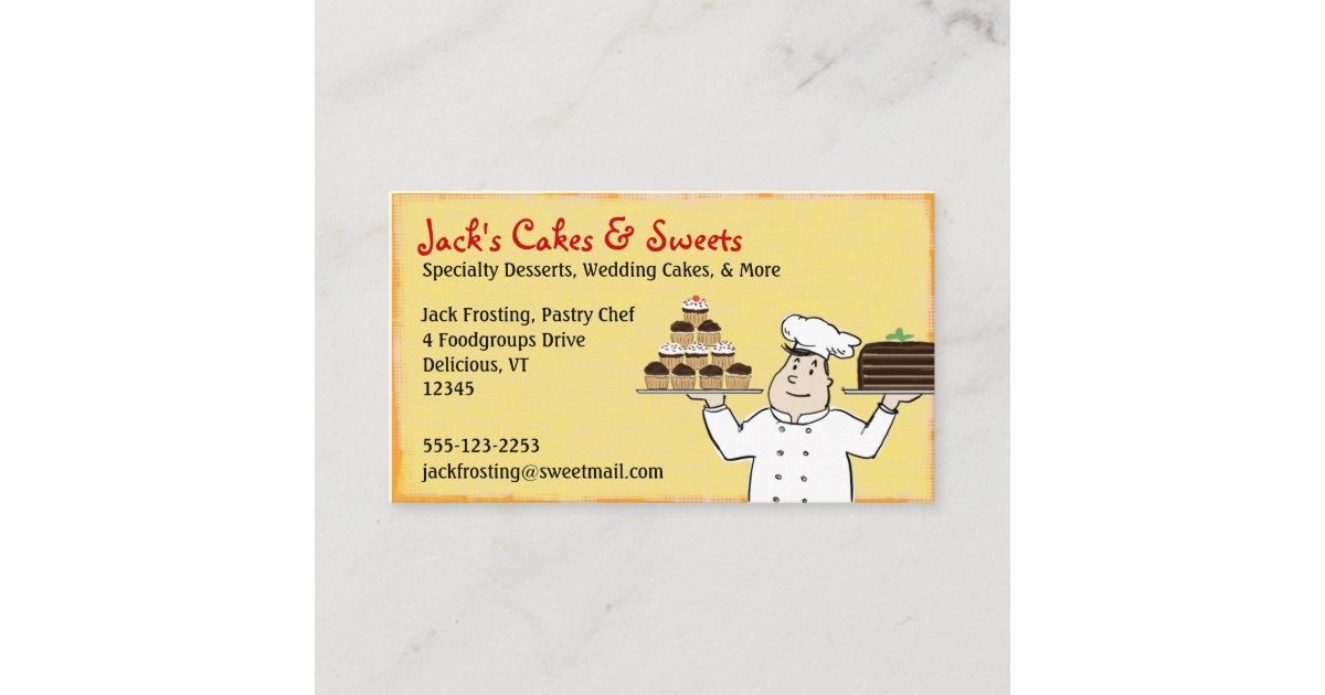Pastry Chef with Cake and Cupcakes Fun Bakery Business Card | Zazzle