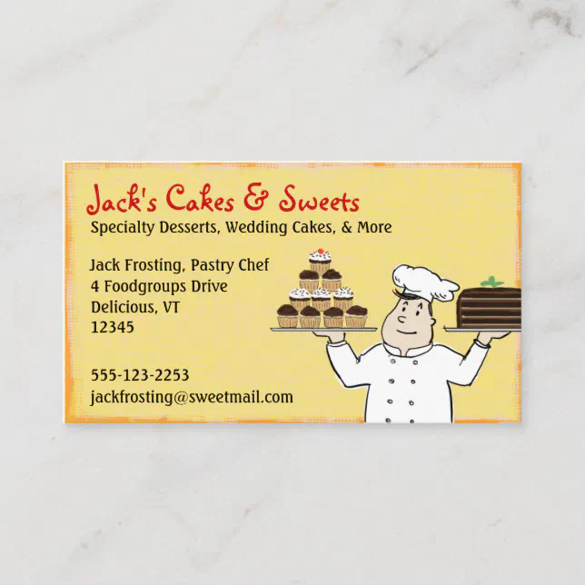 Pastry Chef with Cake and Cupcakes Fun Bakery Business Card | Zazzle