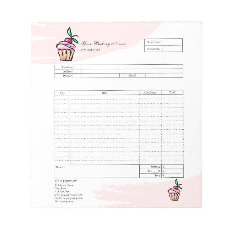 Pastry Cupcake Bakery Order Form Invoice Notepad | Zazzle