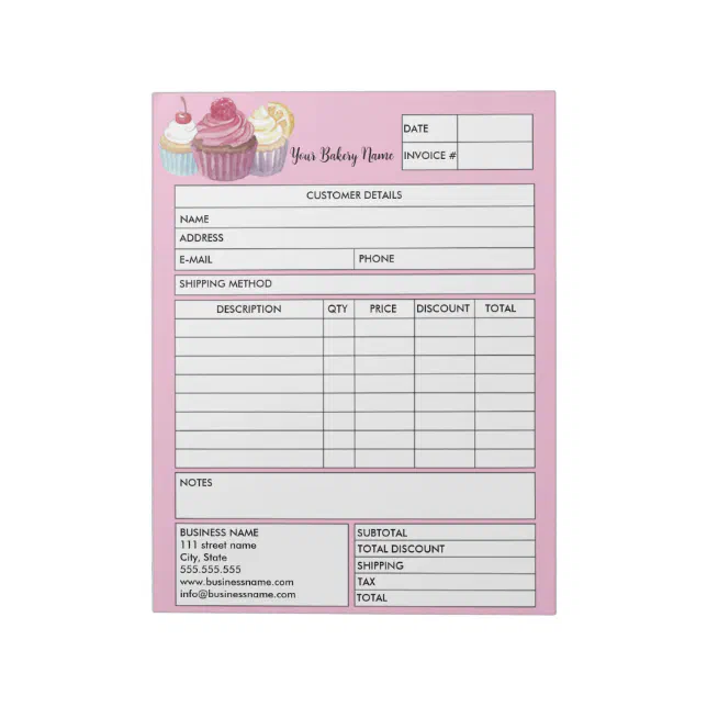 Pastry Cupcake Bakery Sales Form Receipt Invoice N Notepad | Zazzle