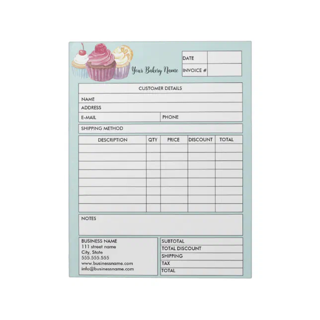 Pastry Cupcake Bakery Sales Form Receipt Invoice Notepad | Zazzle