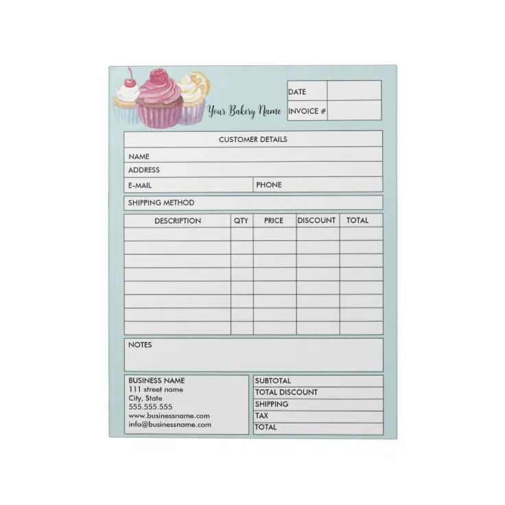 Pastry Cupcake Bakery Sales Form Receipt Invoice Notepad | Zazzle