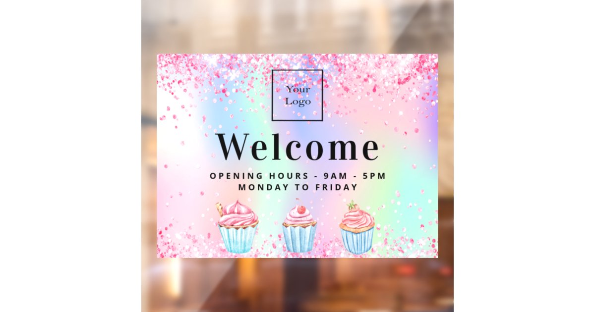 Pastry shop bakery logo welcome holographic window cling | Zazzle