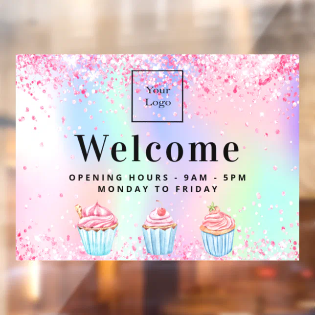 Pastry shop bakery logo welcome holographic window cling | Zazzle