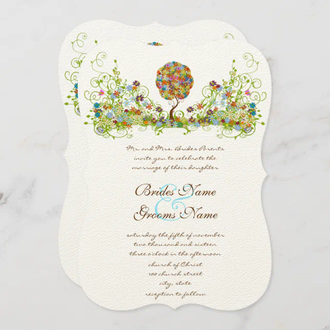 Patchwork Flower Love Tree Wedding Invitation | Zazzle