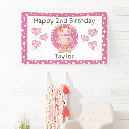 Patchwork Hippo Child's Pink Birthday Banner | Zazzle