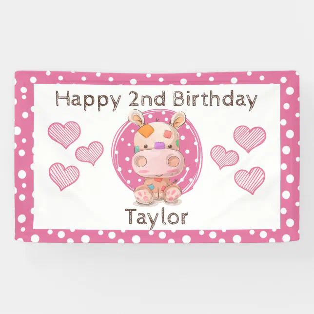Patchwork Hippo Child's Pink Birthday Banner | Zazzle