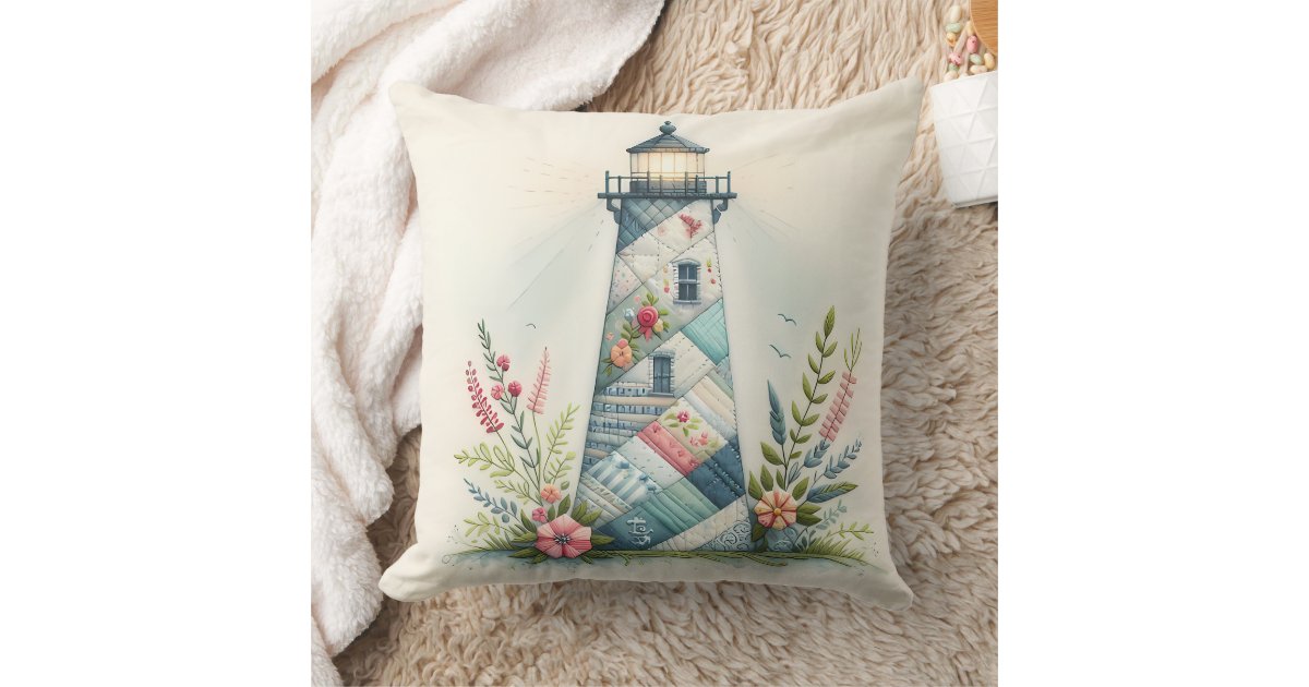Patchwork Lighthouse Coastal Floral Scene Throw Pillow | Zazzle