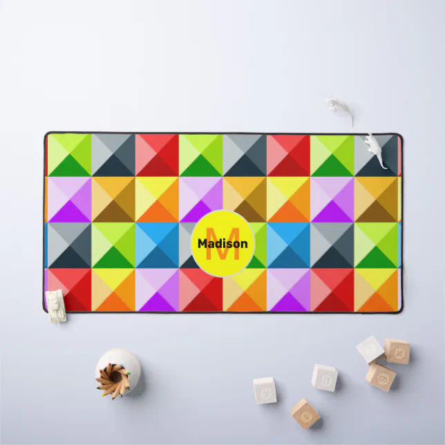 Patchwork neon Colorful geometric pattern Monogram Desk Mat | Zazzle