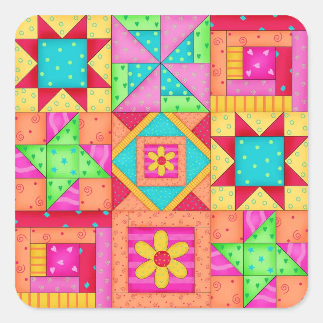 Patchwork Quilt Blocks Square Stickers | Zazzle