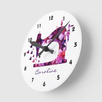 Patchwork Quilt Purple Sewing Machine Wall Clock | Zazzle