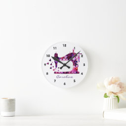 Patchwork Quilt Purple Sewing Machine Wall Clock | Zazzle