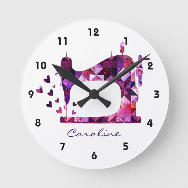 Patchwork Quilt Purple Sewing Machine Wall Clock | Zazzle