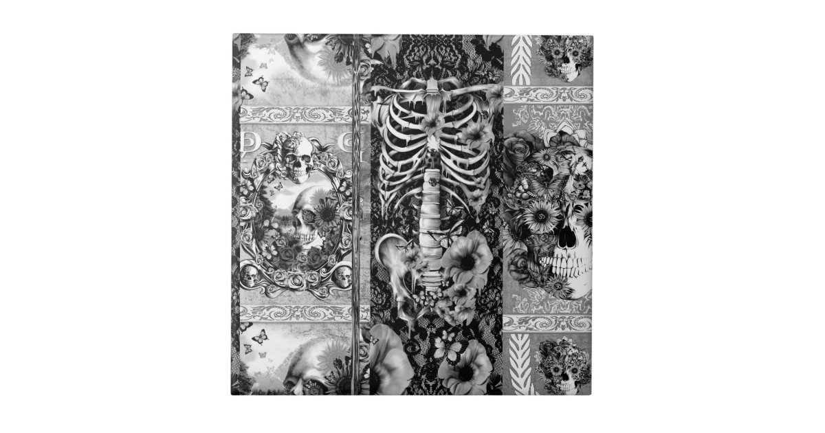 Patchwork, skull collage ceramic tile | Zazzle