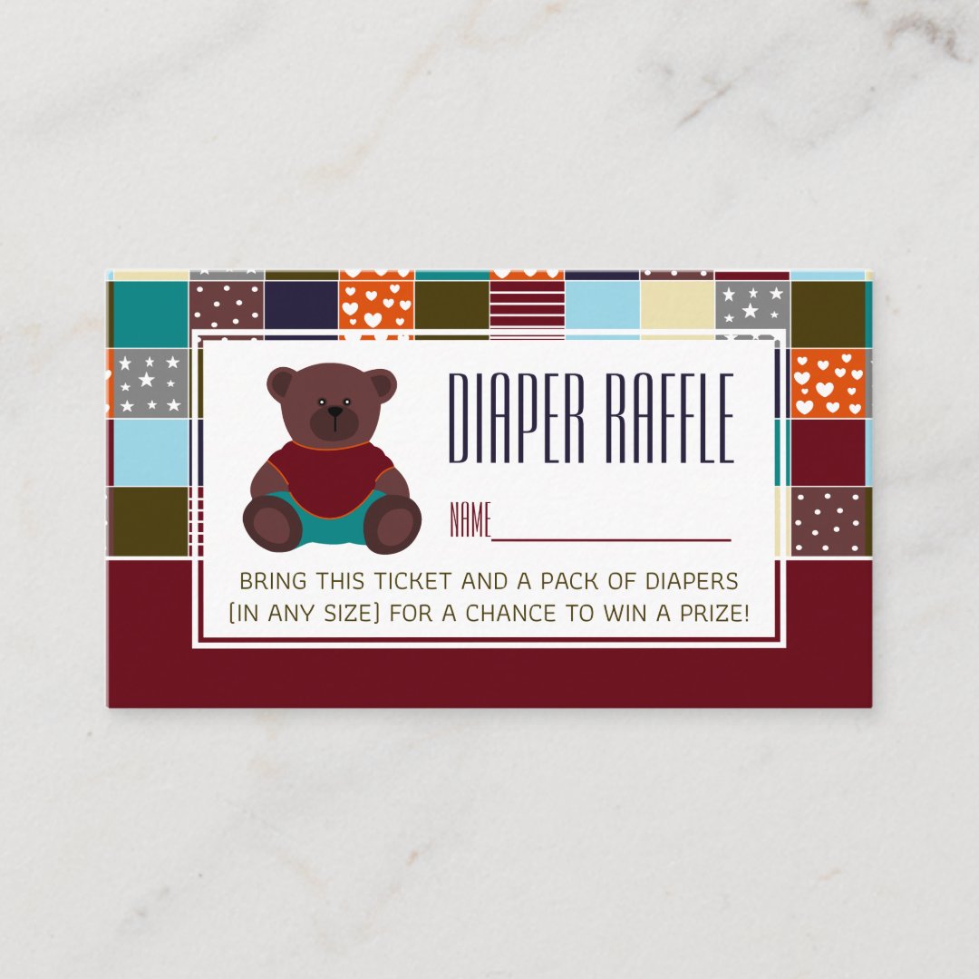 Patchwork Teddy Bear, Baby Shower Raffle Ticket Enclosure Card | Zazzle