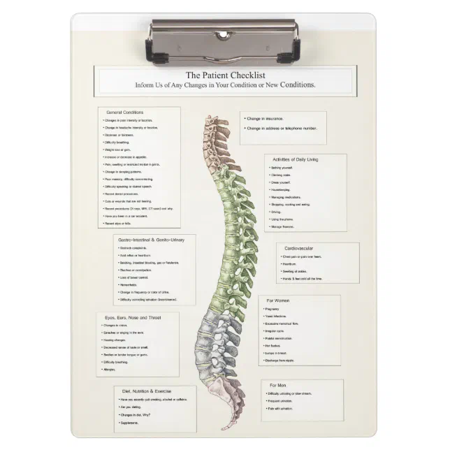 Patient Checklist Spinal Degeneration Chiropractic Clipboard | Zazzle