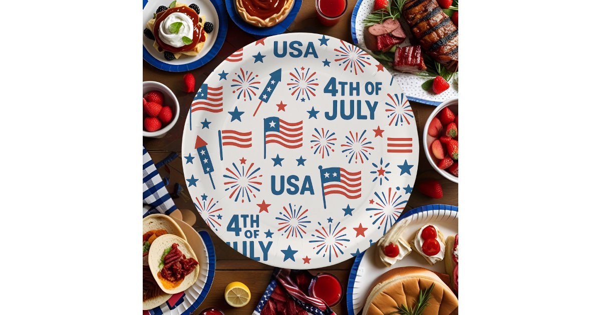 Patriotic 4th of July | Fireworks, Stars & Fl Paper Plates | Zazzle