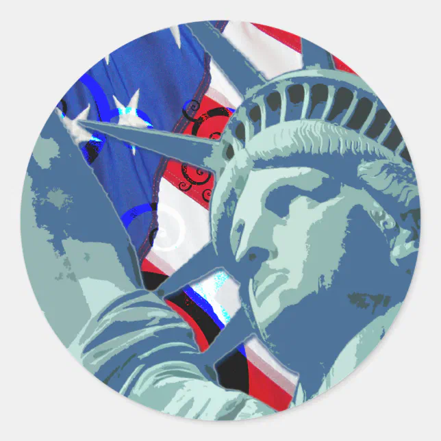 Patriotic American Flag and Statue of Liberty Classic Round Sticker ...