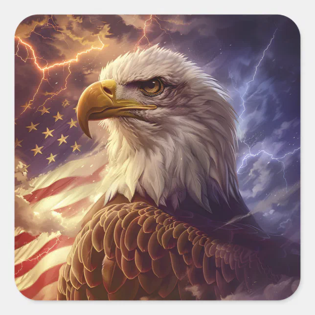 Patriotic American flag eagle lightning strike Square Sticker | Zazzle
