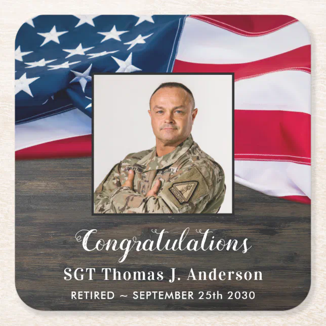 Patriotic American Flag Military Retirement Square Paper Coaster | Zazzle