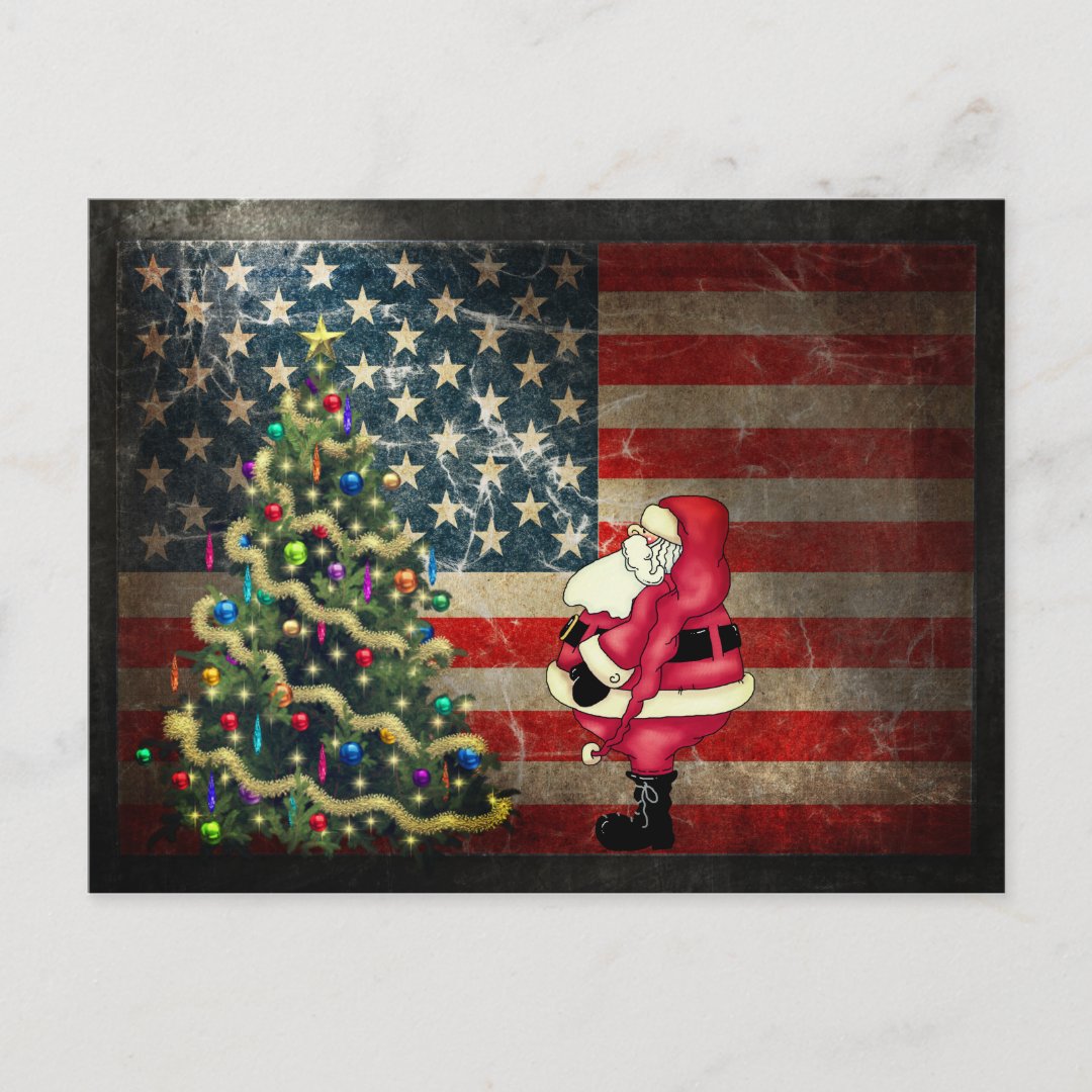 Patriotic American Flag, Santa and Christmas Tree Holiday Postcard | Zazzle