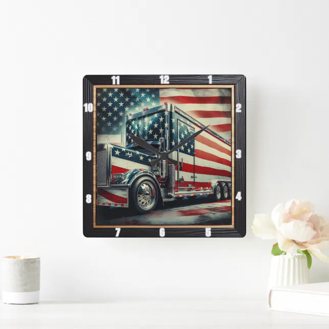 Patriotic American Flag Semi Truck Square Wall Clock | Zazzle