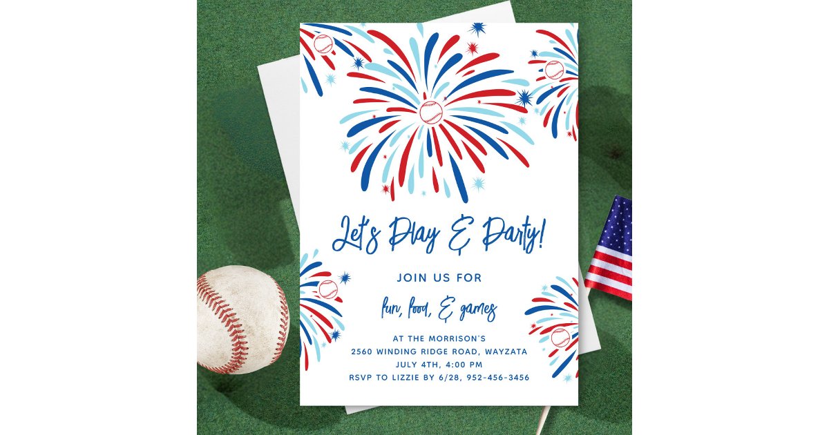 Patriotic Baseball & Fireworks 4th of July Party Invitation | Zazzle