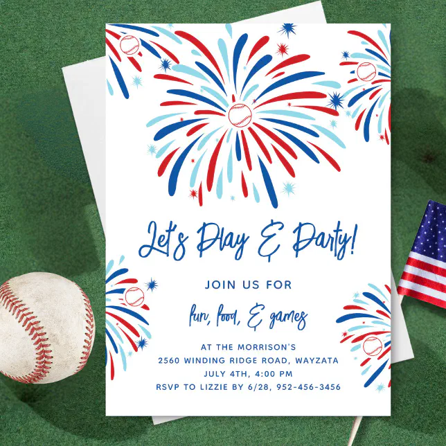 Patriotic Baseball & Fireworks 4th of July Party Invitation | Zazzle
