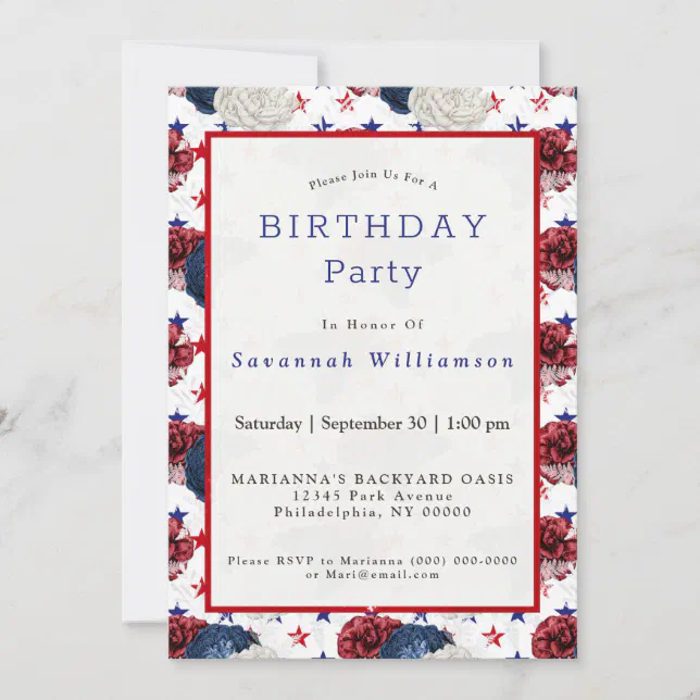 Patriotic Blue Red Star Rose Bouquet Birthday Invitation | Zazzle