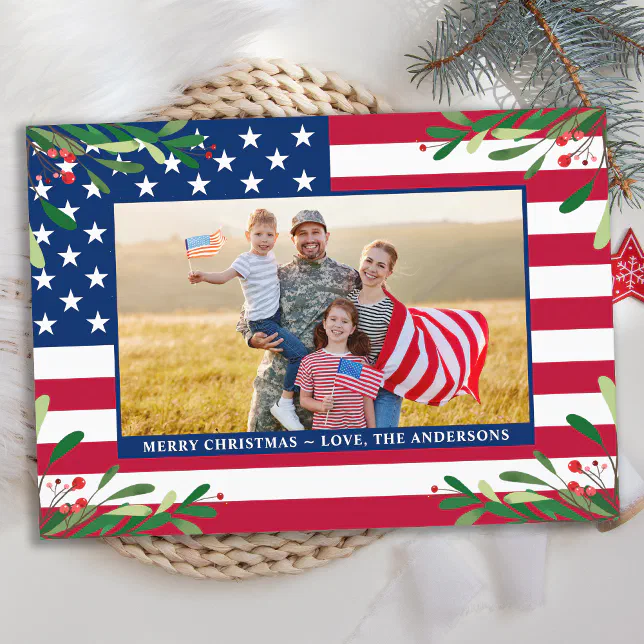 Patriotic Christmas Custom Photo American Flag Holiday Card | Zazzle