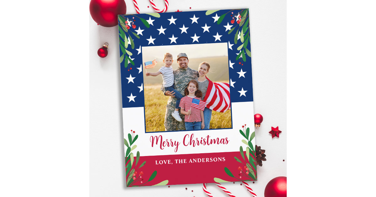 Patriotic Christmas Military Photo American Flag Holiday Postcard | Zazzle