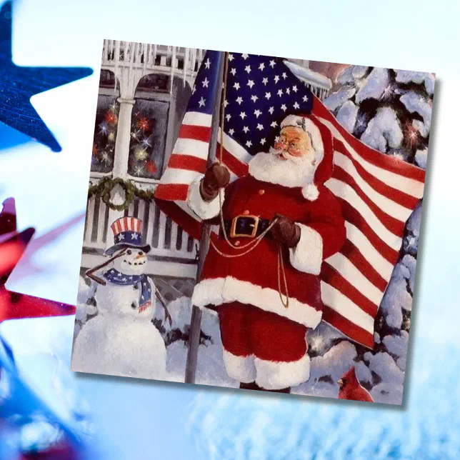 Patriotic Christmas Santa Holding American Flag Holiday Card | Zazzle