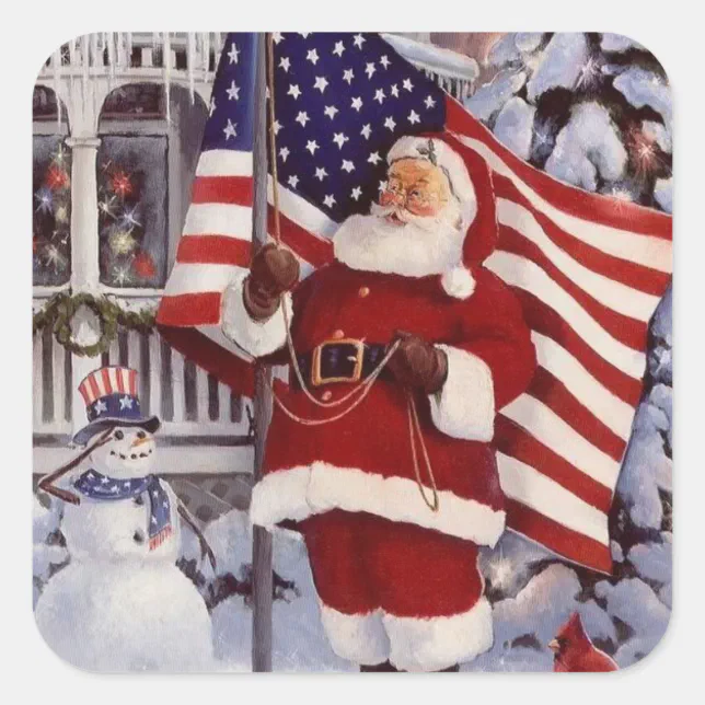 Patriotic Christmas Santa Holding American Flag Square Sticker | Zazzle