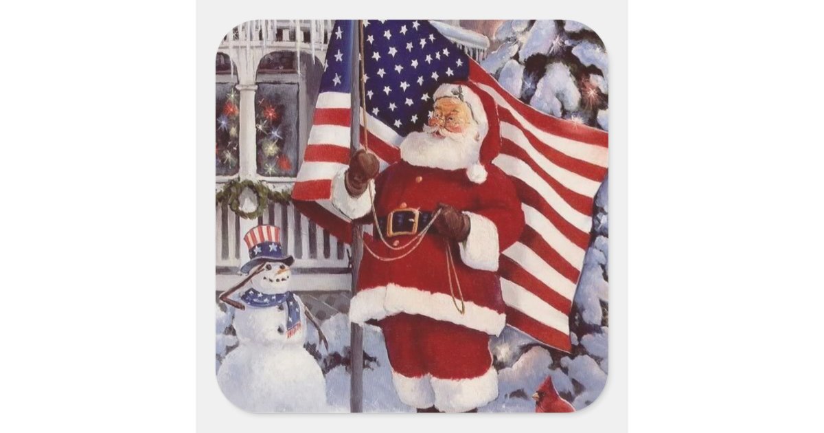 Patriotic Christmas Santa Holding American Flag Square Sticker | Zazzle