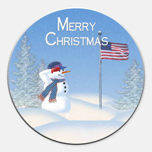 Patriotic Christmas Snowman - Round Sticker | Zazzle