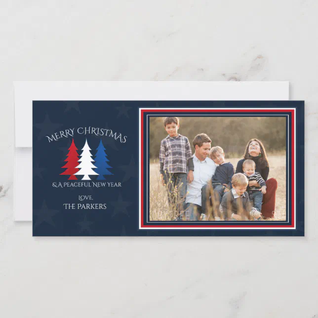 Patriotic Christmas Trees Navy Blue Photo Holiday Card | Zazzle
