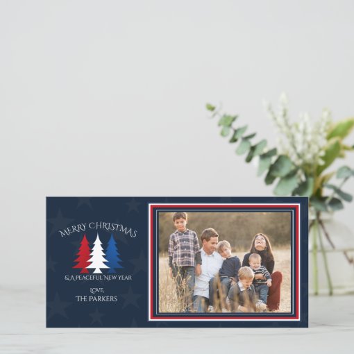 Patriotic Christmas Trees Navy Blue Photo Holiday Card | Zazzle